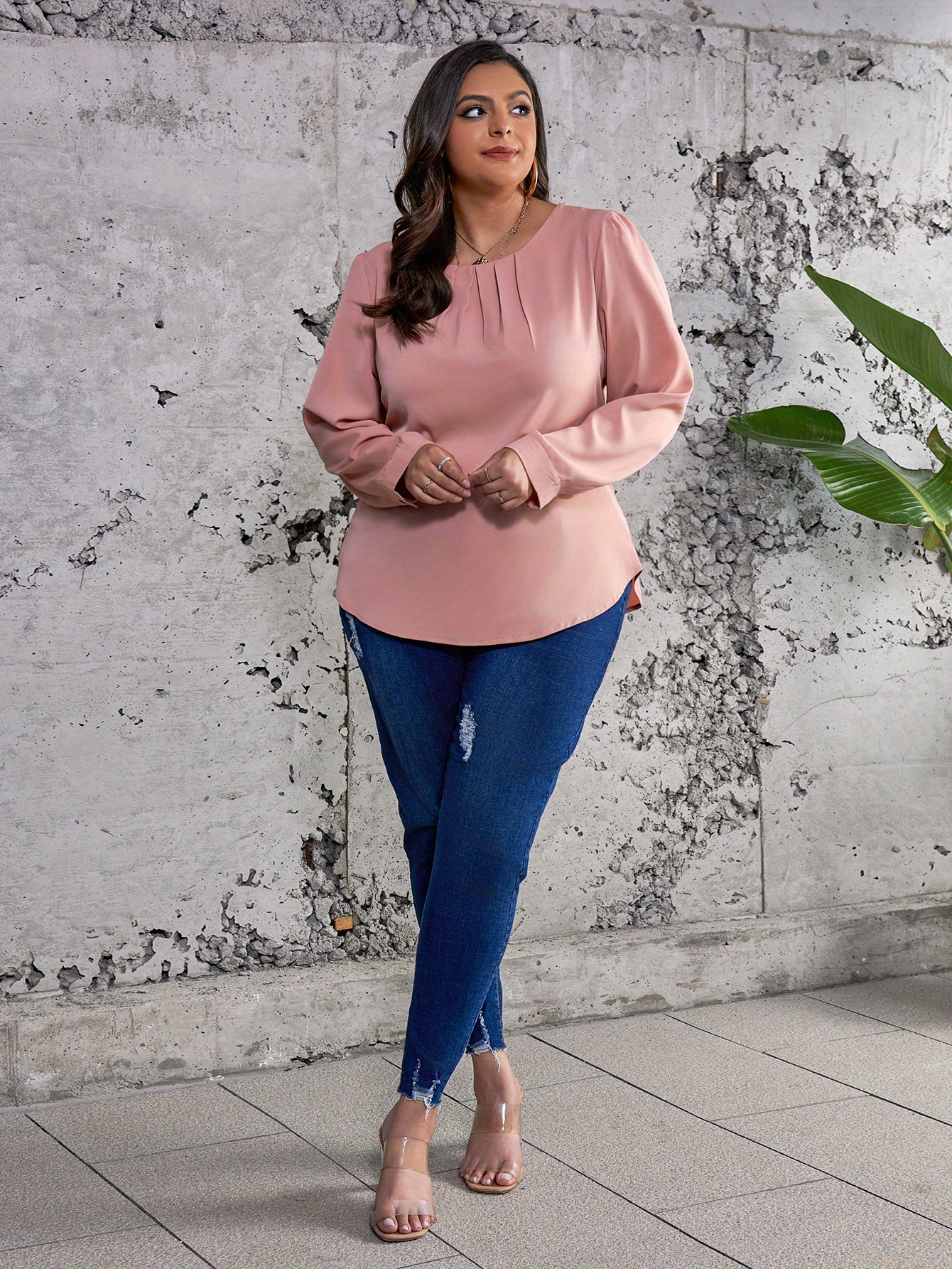 Plus Size Elegant Top Dame Plus Solid Lang Puff Sleeve Fleet - Temu Denmark