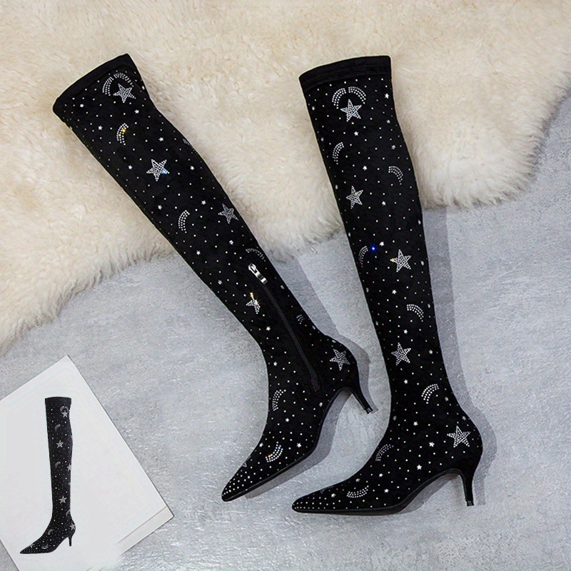 Women's Stretchy Knee Boots Star Rhinestone Decor Pointed - Temu