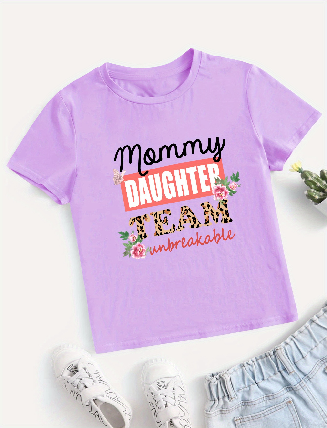 Tee Girls''mommy Daughter Team'' Letter Graphic Round Neck - Temu