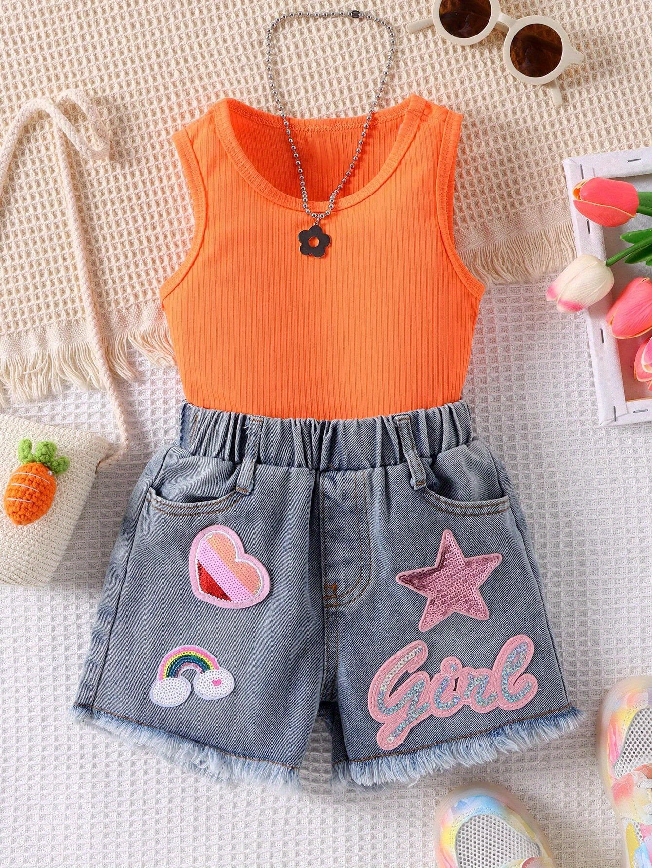 girl' style ribbed top sequin patched denim - Temu Australia