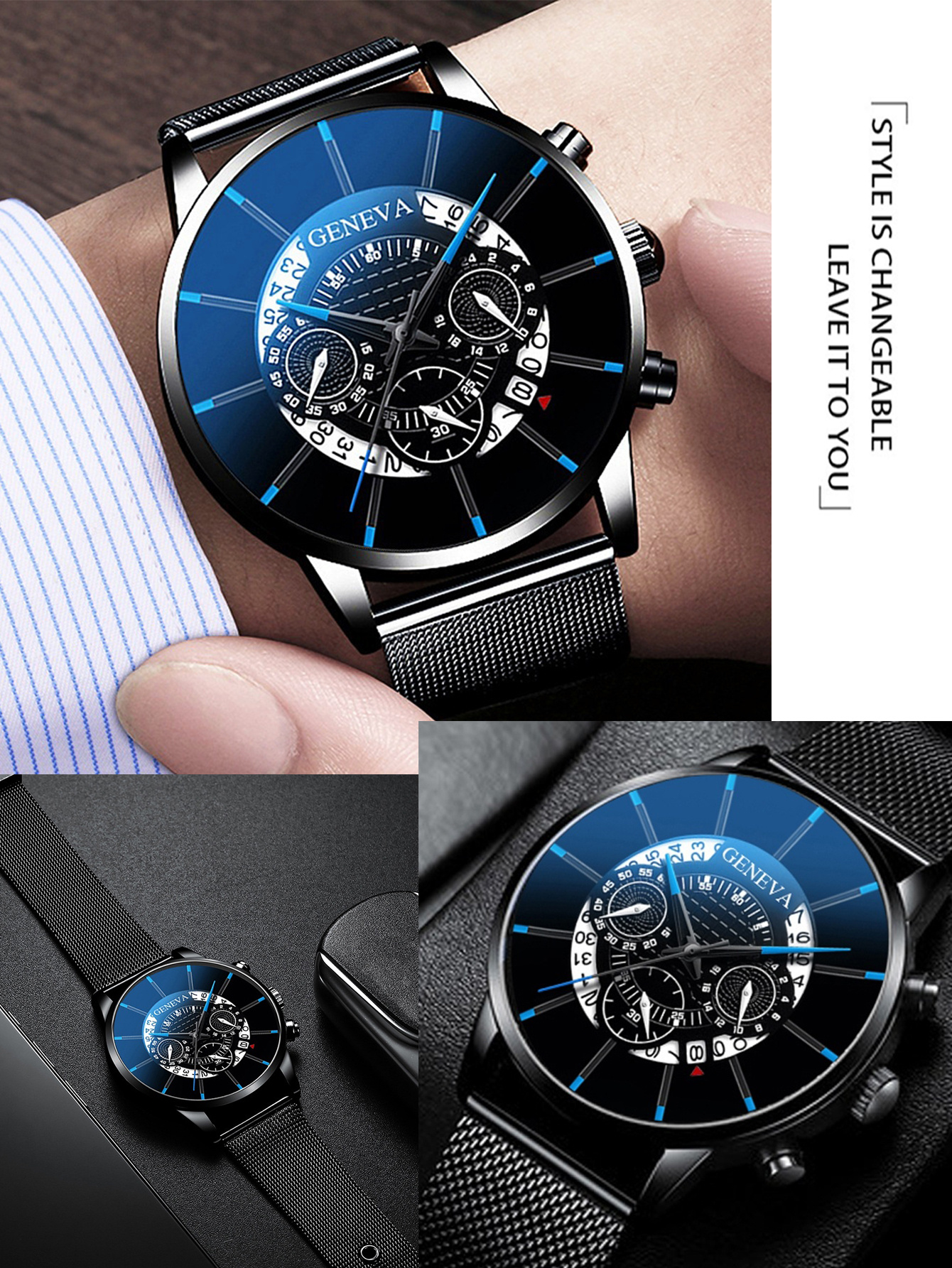 3pcs Elegant Mens Creative Hollow Calendar Mesh Strap Quartz Watch With ...