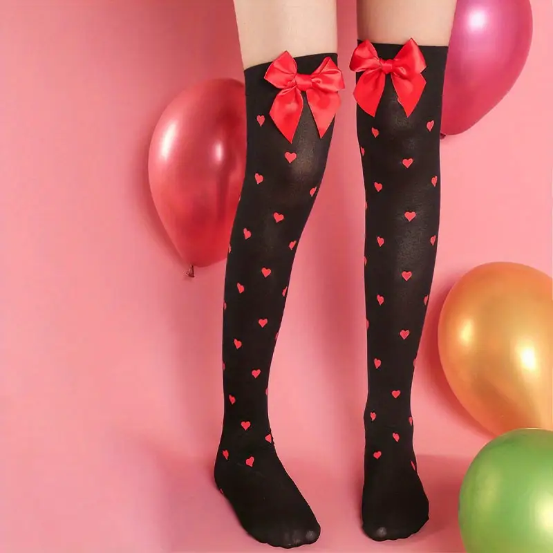Heart Print Thigh High Socks Cute Bow Over The Knee Socks Temu New