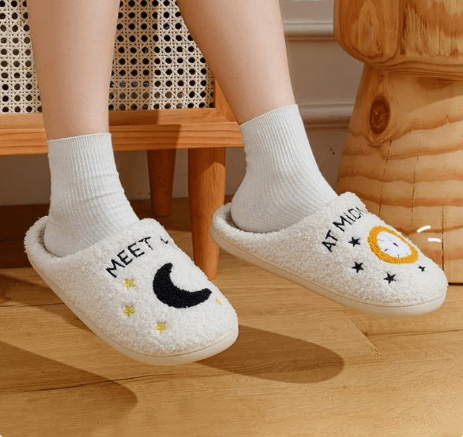 Clock Moon Pattern Fuzzy House Slippers Closed Toe Slip Soft - Temu Australia