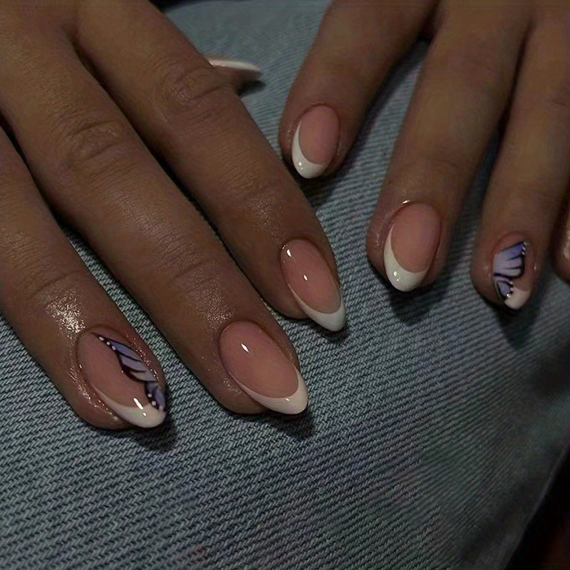 White French Tip Nails Nude Nails Purple - Temu