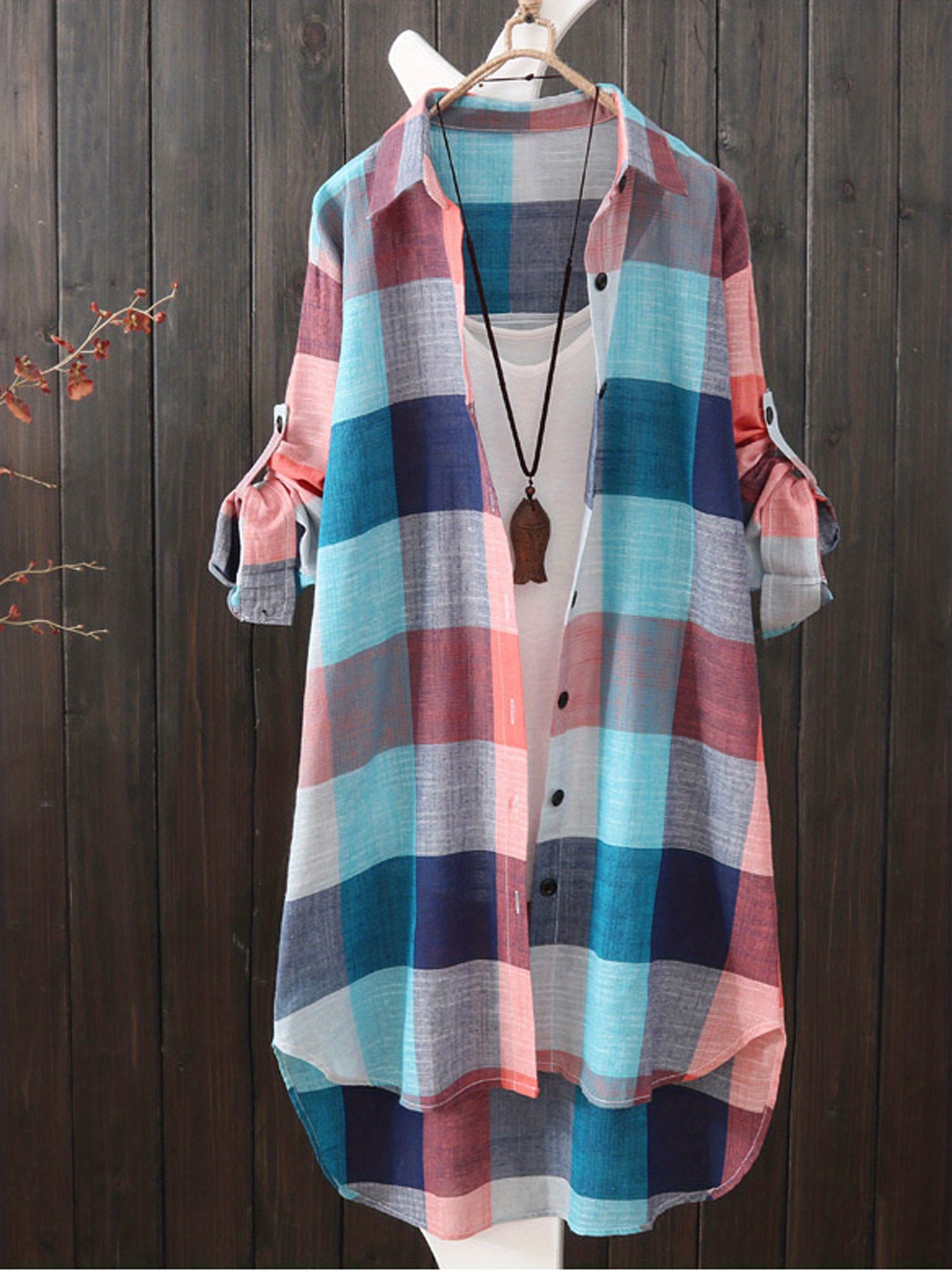 Print Dipped Hem Shirt Casual Length Button Front - Temu Kuwait