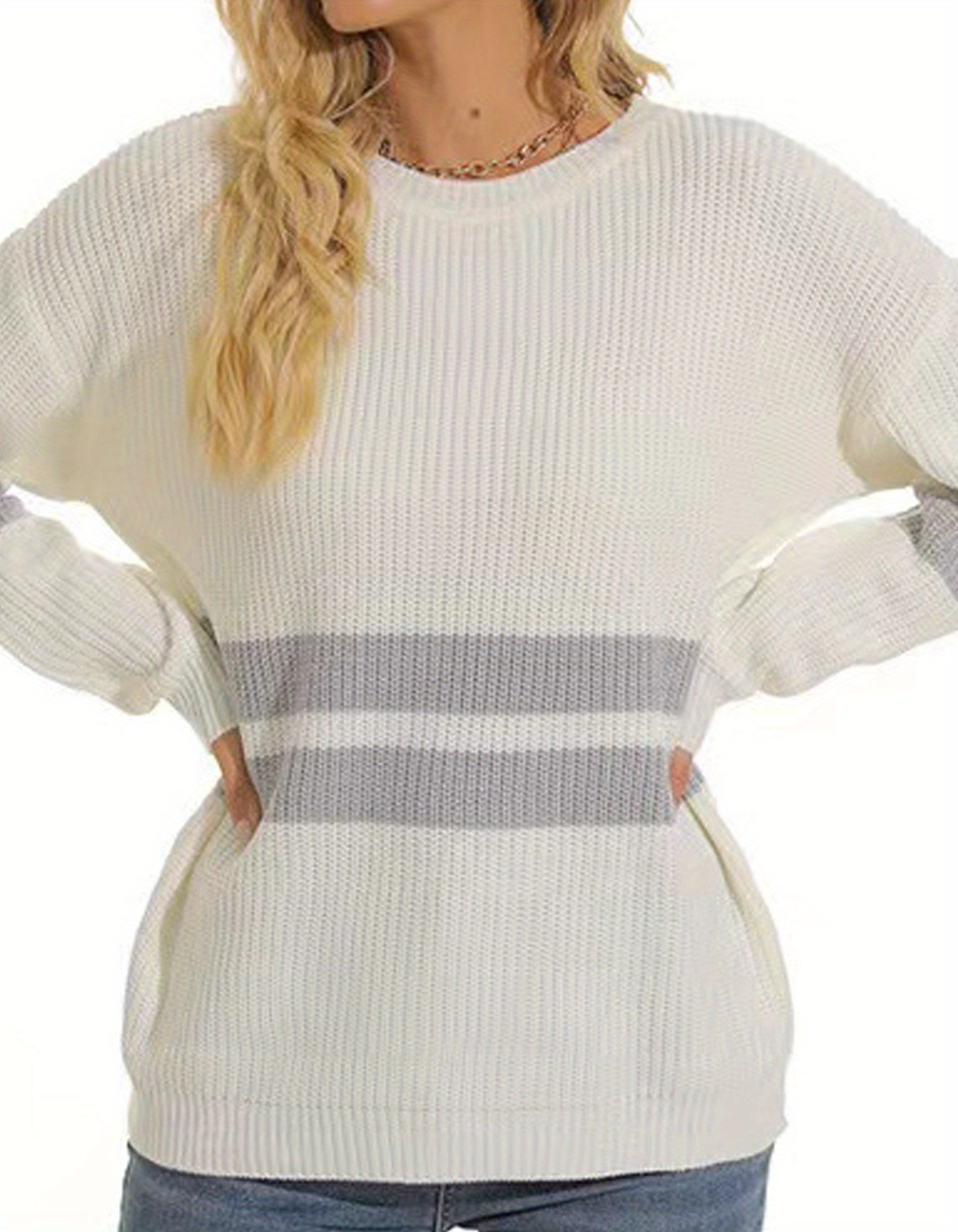 Striped Crew Neck Pullover Sweater Casual Long Sleeve Drop - Temu Australia