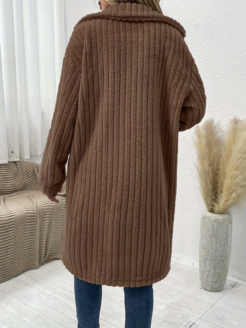 Long Length Solid Ribbed Coat Casual Button Front Winter - Temu Denmark