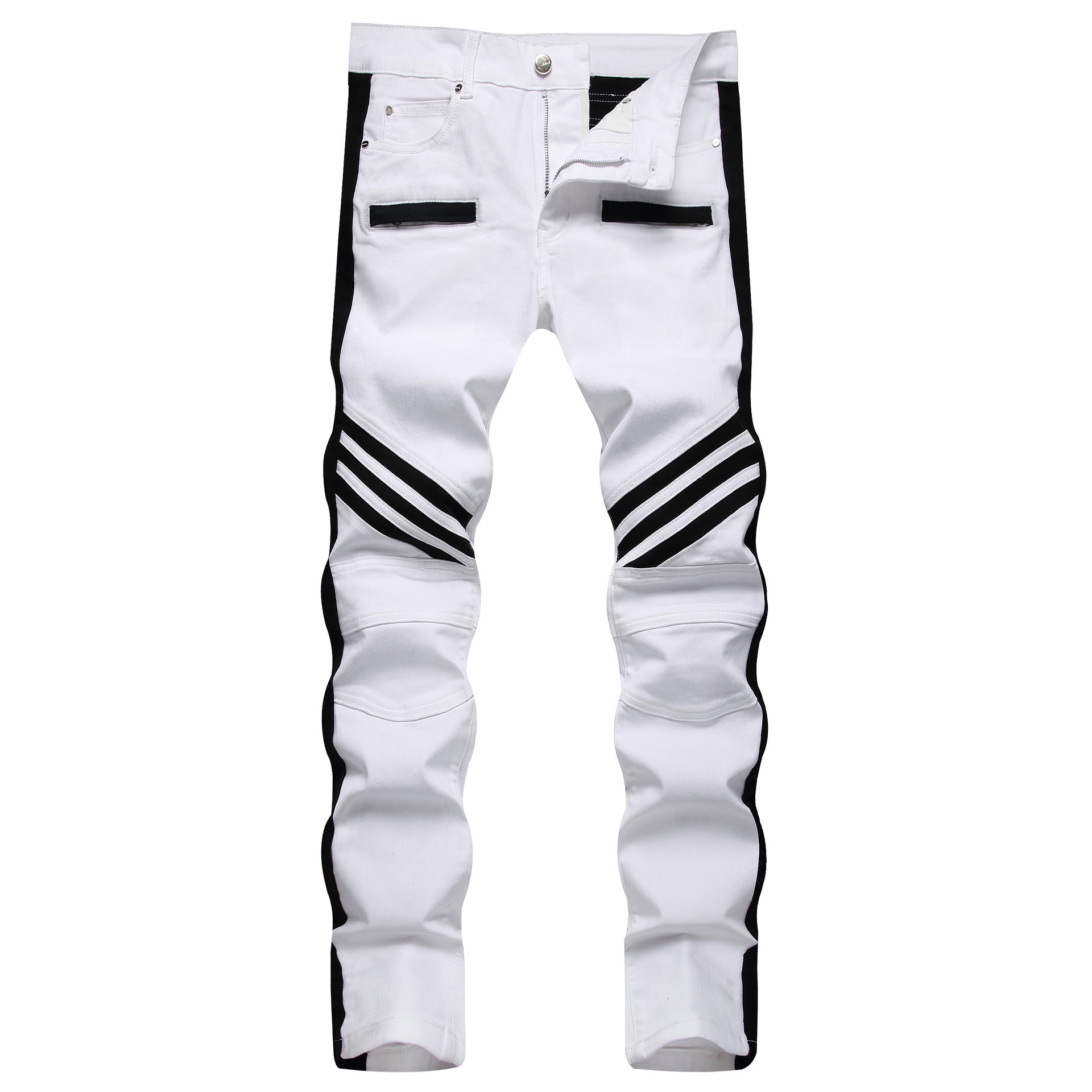 Men's White Black Color Block Jeans Trendy Slim Fit Denim - Temu
