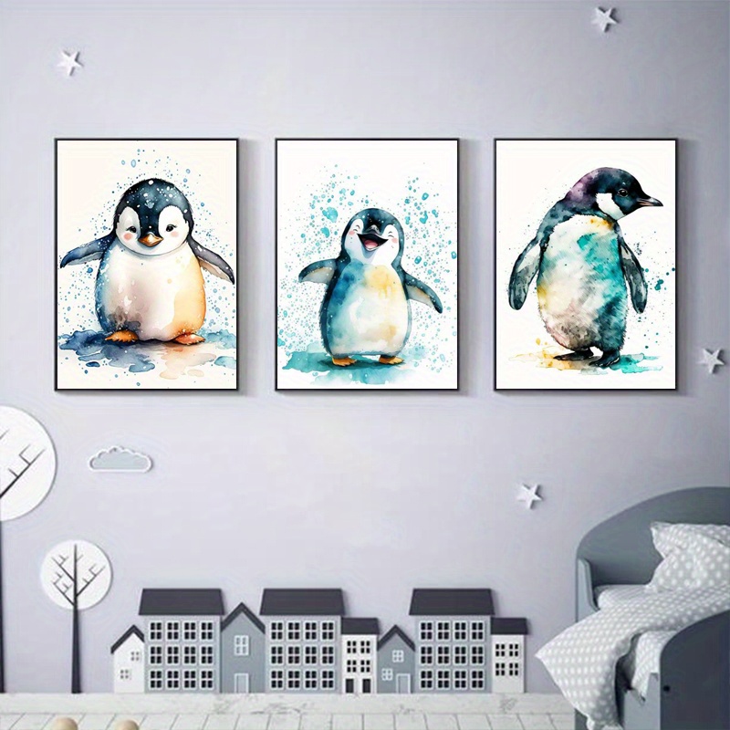 3pcs art canvas print posters cute watercolor penguins canvas paintings ...