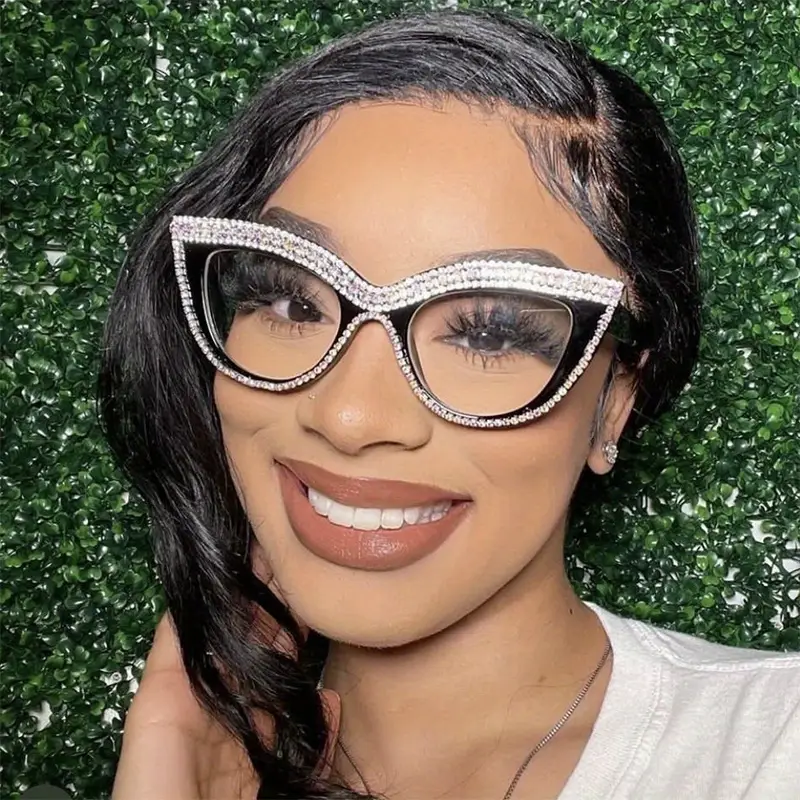 Cat Eye Clear Lens Glasses Women Men Luxury Rhinestone Party Temu