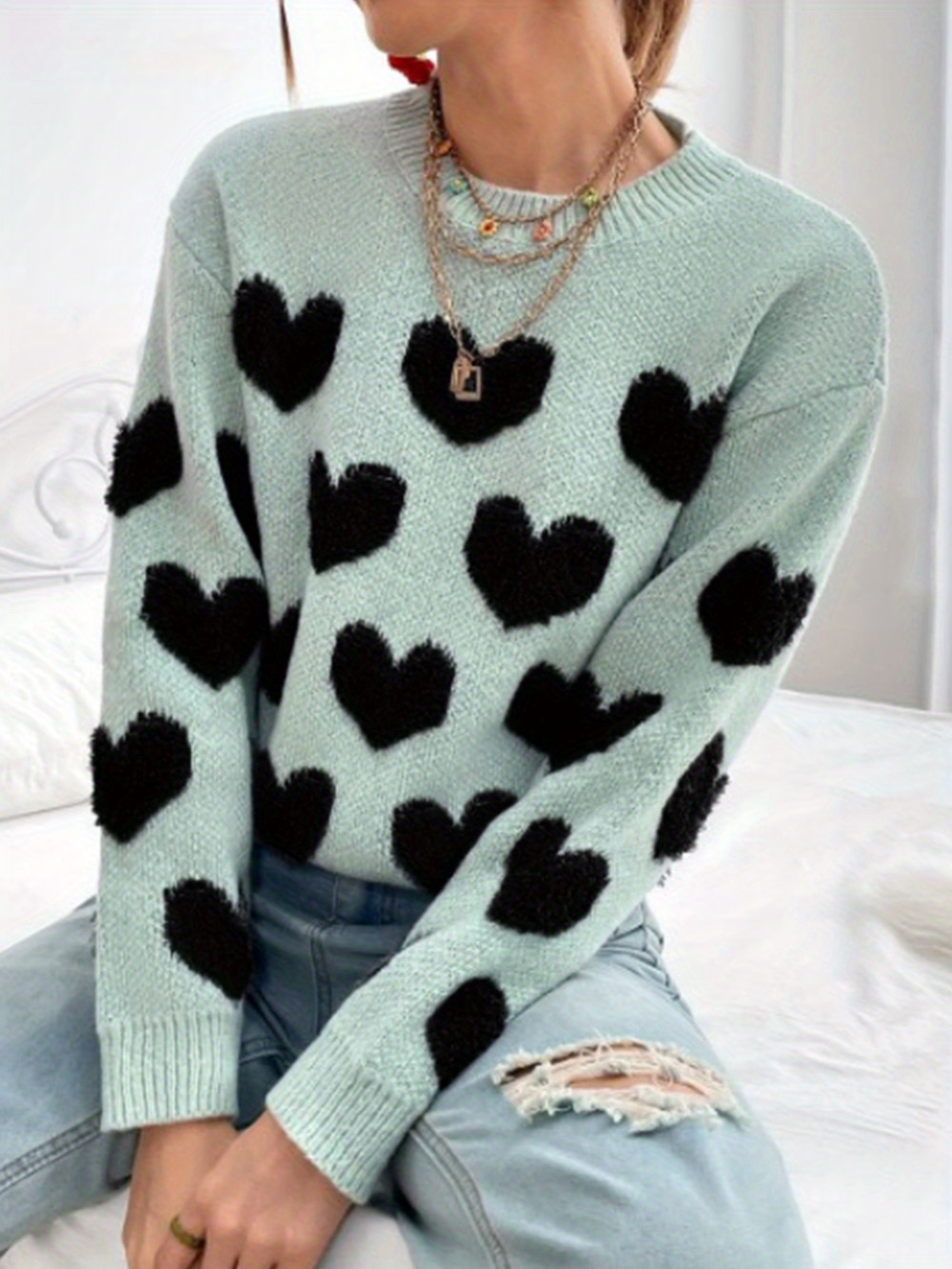 Heart Pattern Crew Neck Pullover Sweater Casual Long Sleeve - Temu New ...