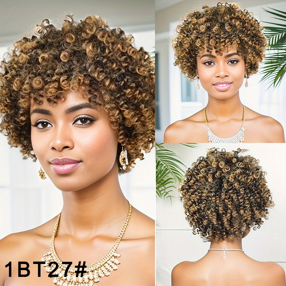 Afro Kinky Curly Wig Bangs Natural Synthetic Fiber Hair Wig - Temu