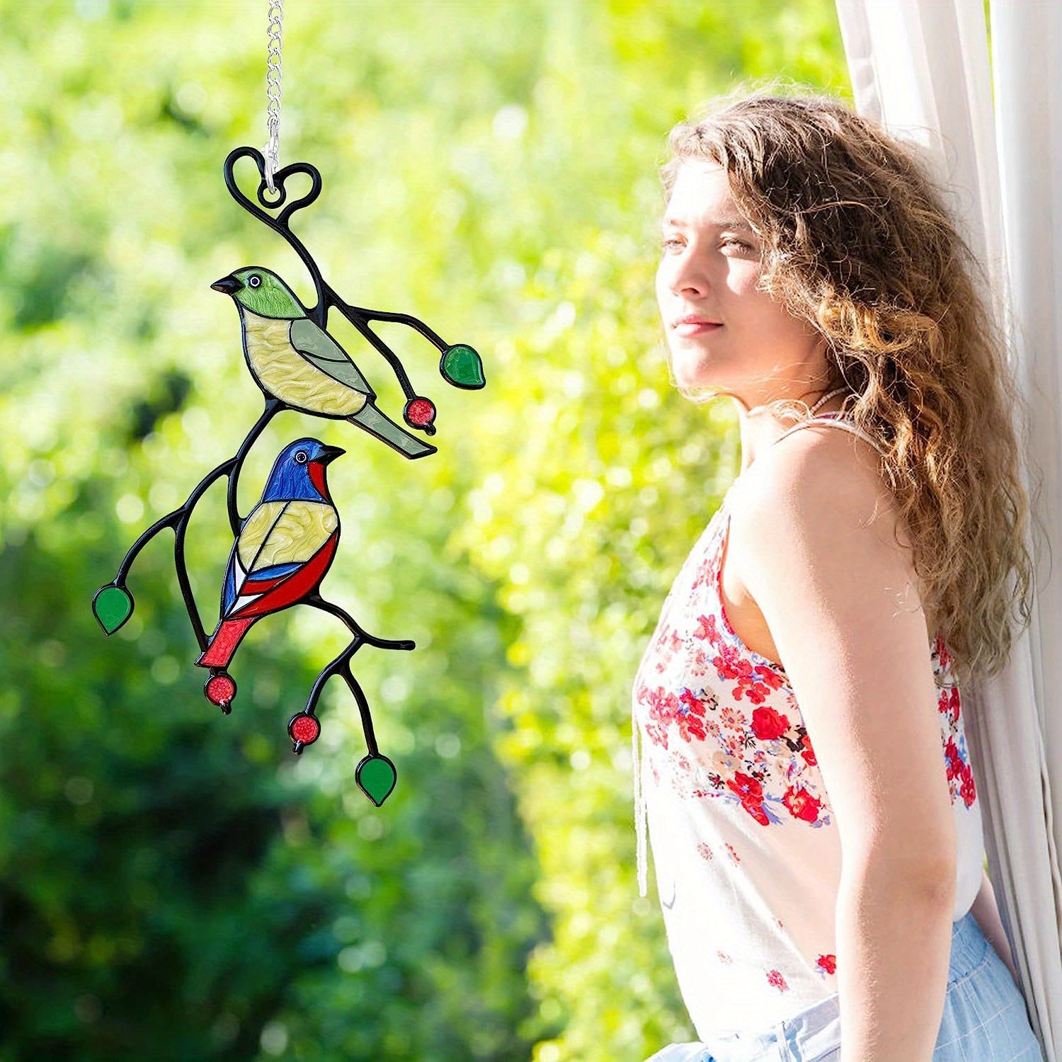 bird stained transparent drop window hanging pair - {region_name}