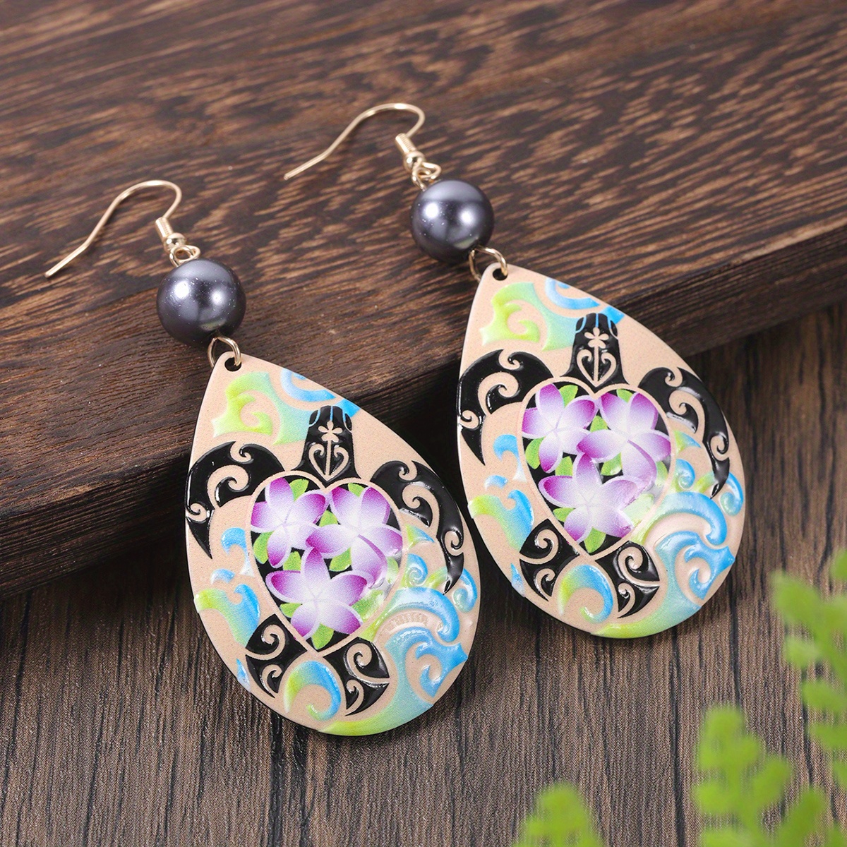 Droplet Shape Ocean Turtle Print Flower Pattern Dangle - Temu United ...