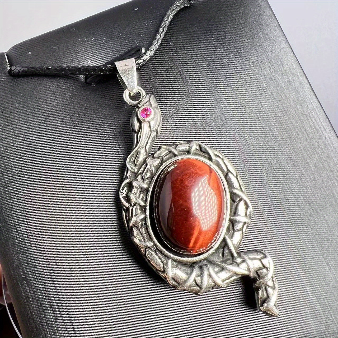 1pc Natural Crystal Red Tiger Eye Silvery Retro Snake Shape Pendant For ...