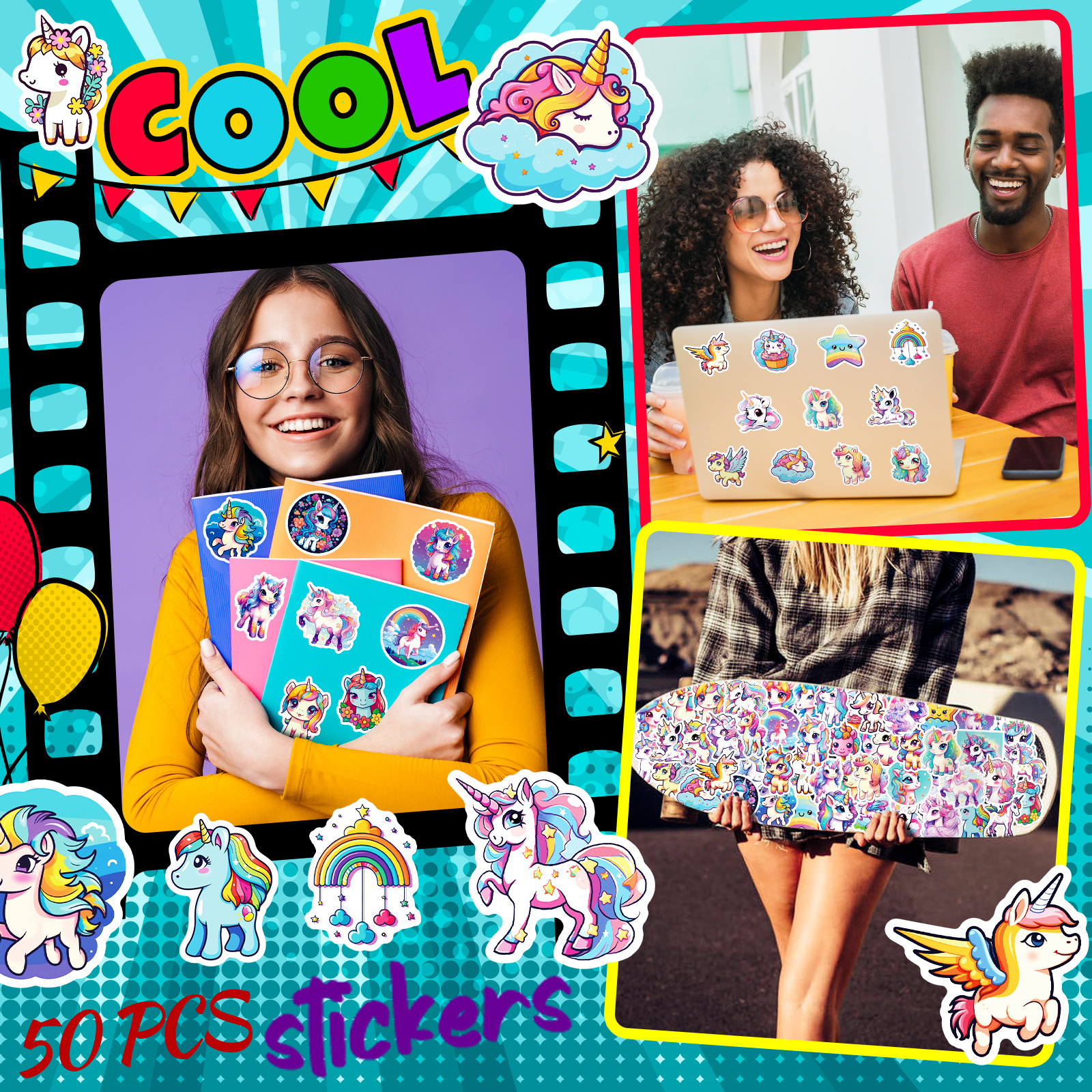 50pcs Cartoon Unicorn Mixed Stickers Small Fresh Rainbow Horse Stickers ...