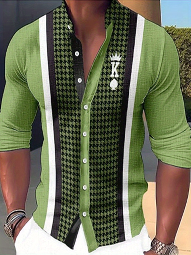 Plus Size Men's Houndstooth Stripes Print Shirt Slim Fit - Temu United ...