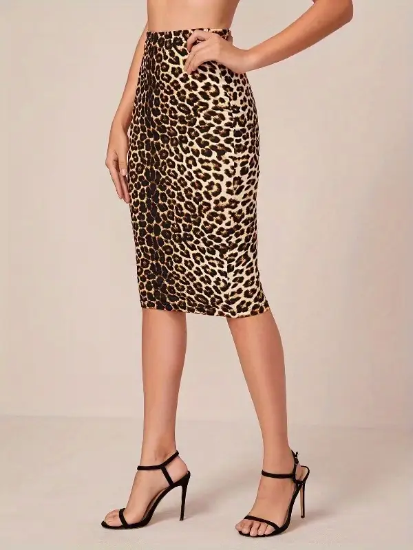 Leopard Print Bodycon Knee Length Skirt Casual High Waist Temu Canada