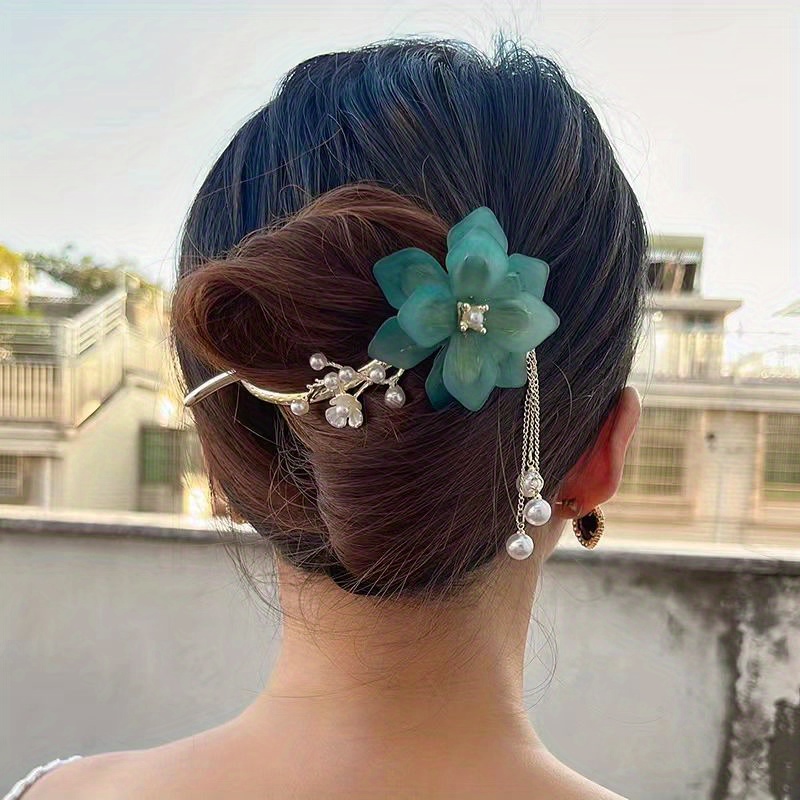 Green Matte Flower Hairpin Pearl Tassel Hair Clip Retro - Temu New Zealand