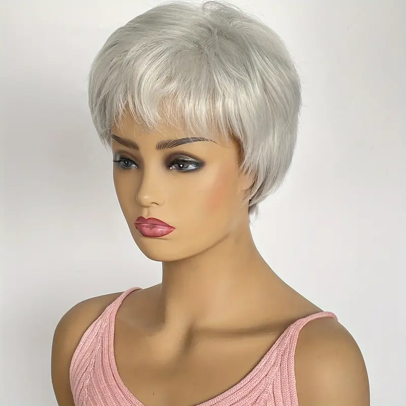Short Pixie Cut Wig Bangs Silvery Grey Synthetic Straight Temu