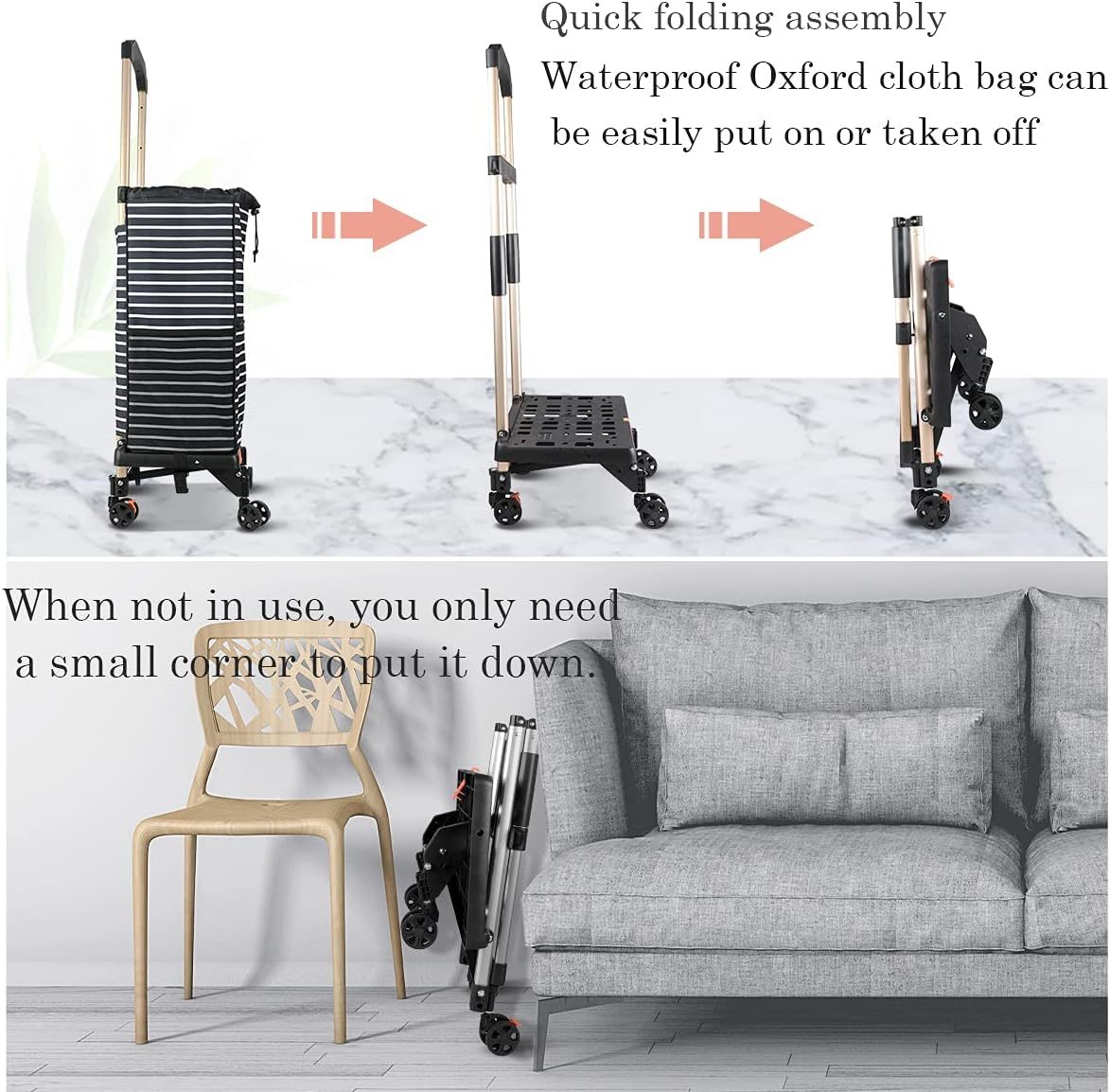 Foldable Shopping Cart, With 360° Rolling Wheels, Grocery Trolley With ...