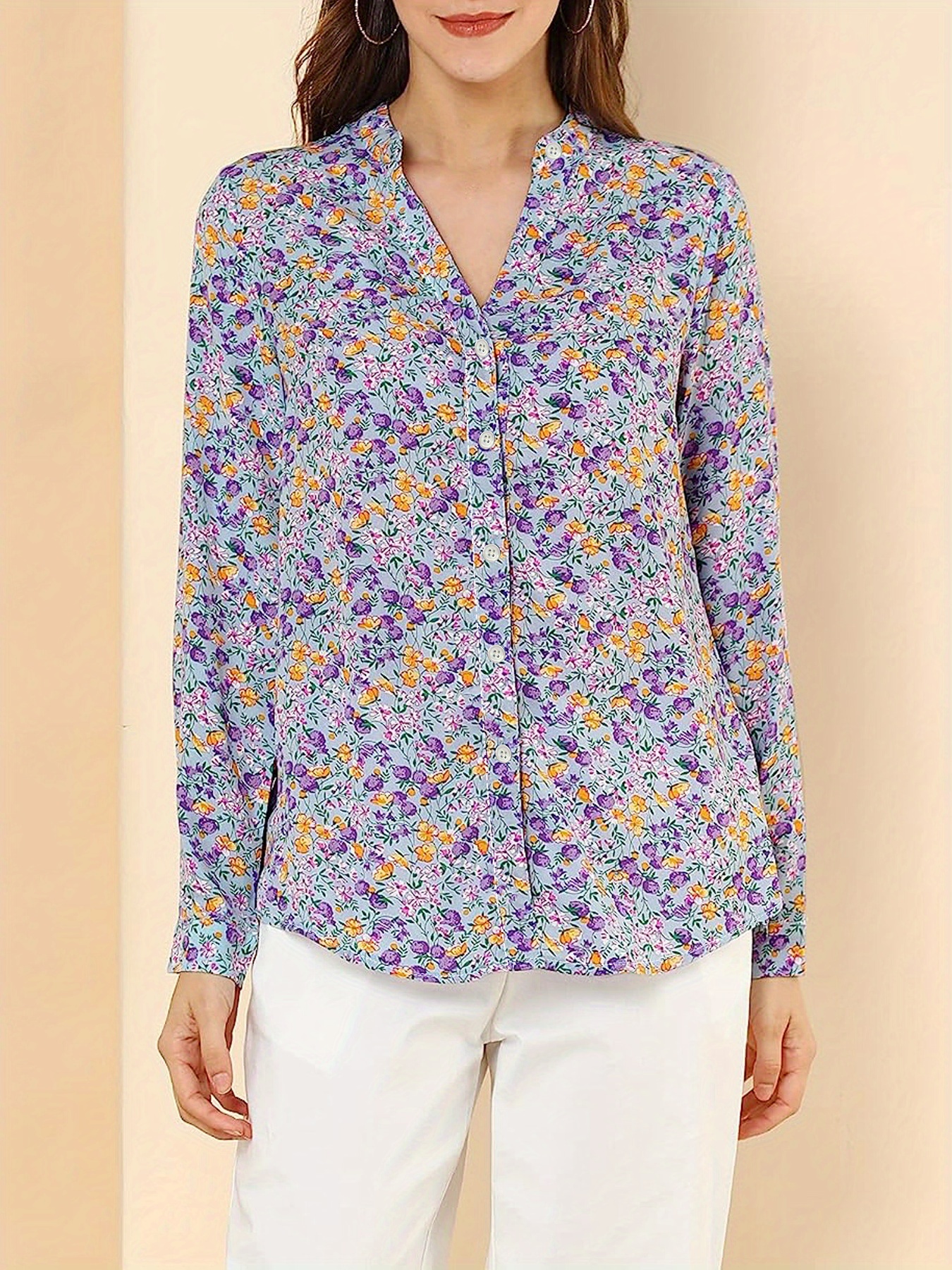 Floral Print Button Front Blouse Casual Long Sleeve Blouse - Temu Ireland