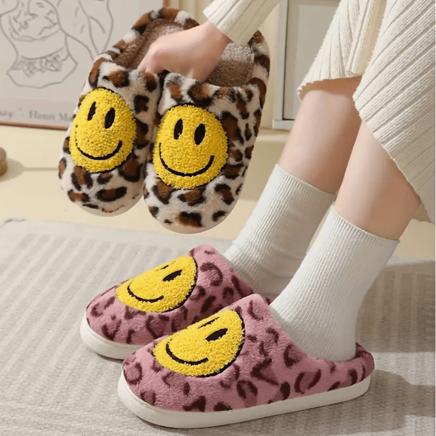 Women's Smile Face Fuzzy Slippers, Cozy Leopard Print Plush Home Shoes ...