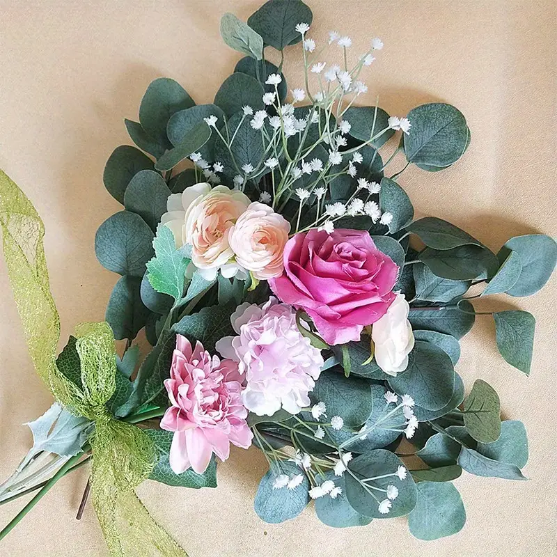 5個の人工 の葉、スプレーフェイクオーバル の葉、白い種の茎付き、 ルリース、ガーランドブーケ、 メント、結婚式の緑の装飾、美的部屋の装飾