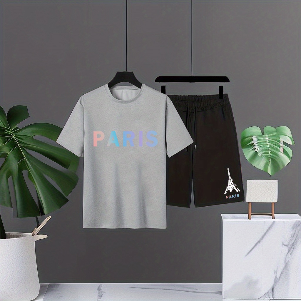 Men's "paris" Graphic Print T shirt Shorts Set - Temu United Kingdom