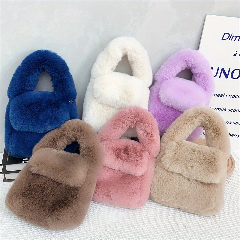 Stylish Plush Flap Handbag Solid Color Tote Bag - Temu Japan