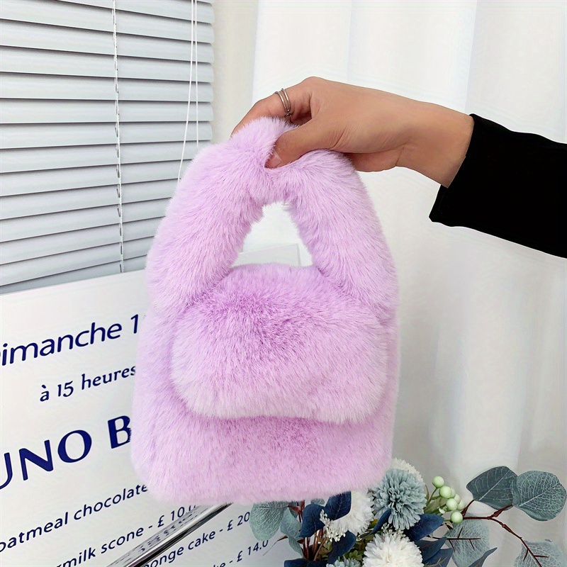 stylish plush flap handbag solid color tote bag - Temu Norway