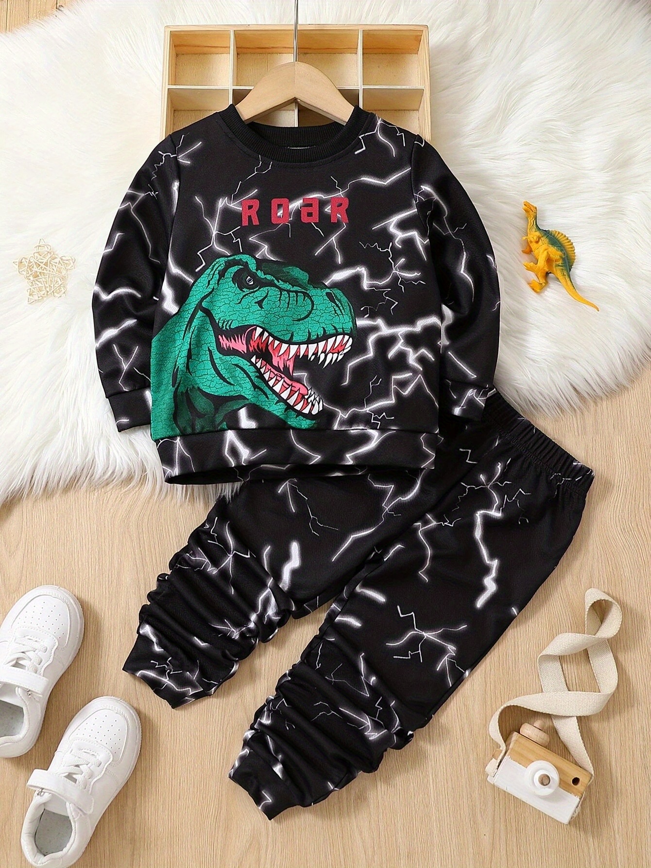 Boy's Dinosaur Pattern Outfit Sweatshirt Lightning Allover - Temu Norway