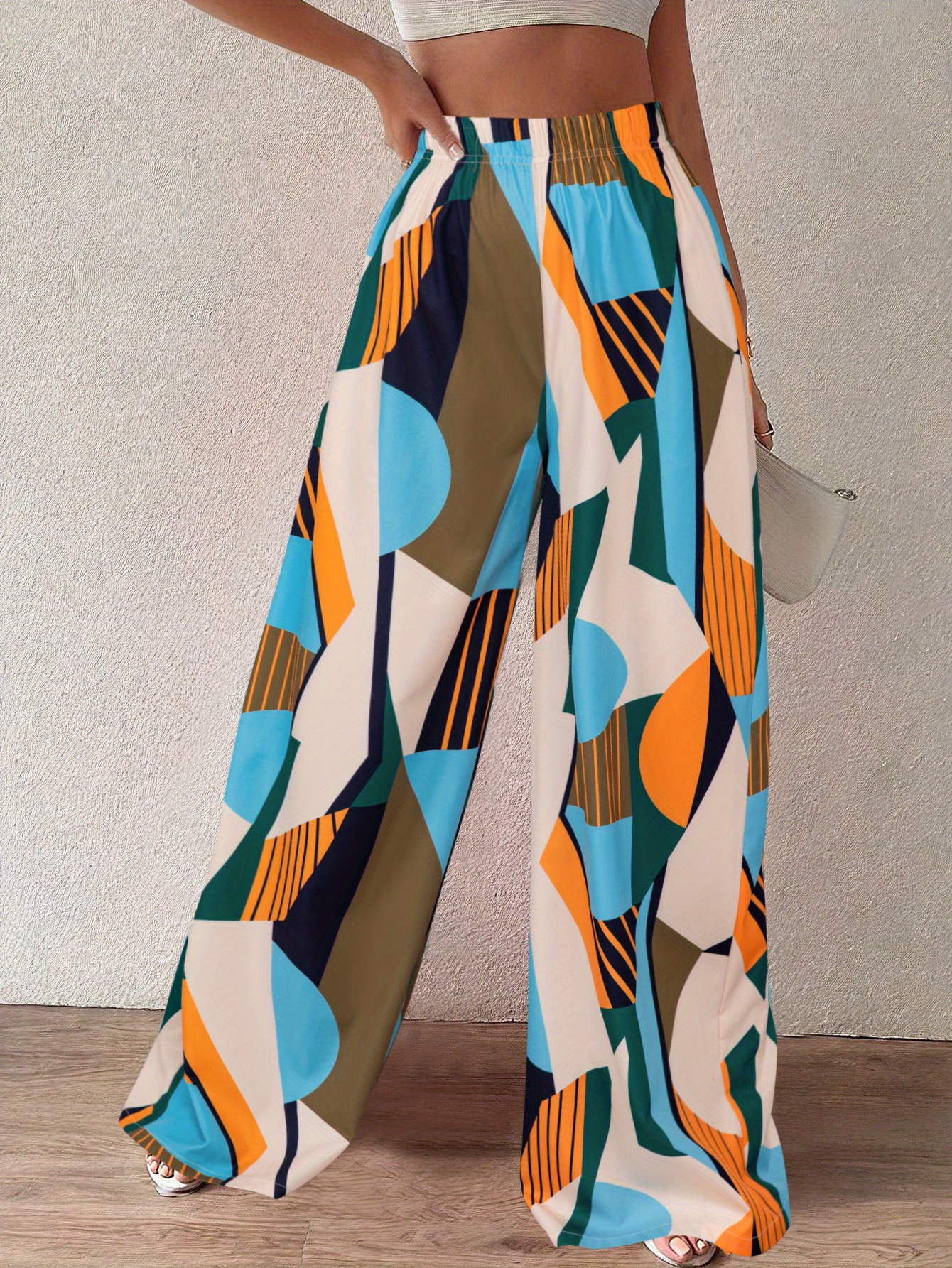 Colorblock Print Wide Leg Pants Casual Loose Elastic Waist - Temu ...