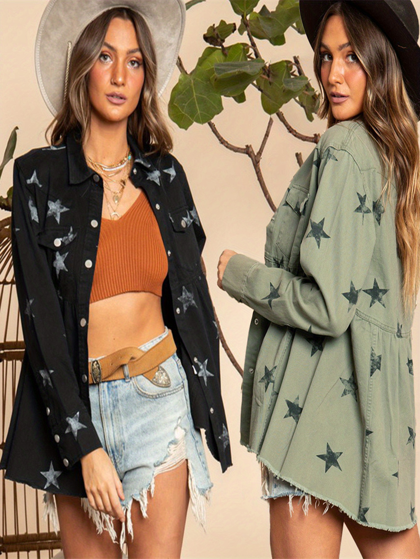Plain Star Pattern Denim Jacket Long Sleeves Frayed Hem - Temu Portugal