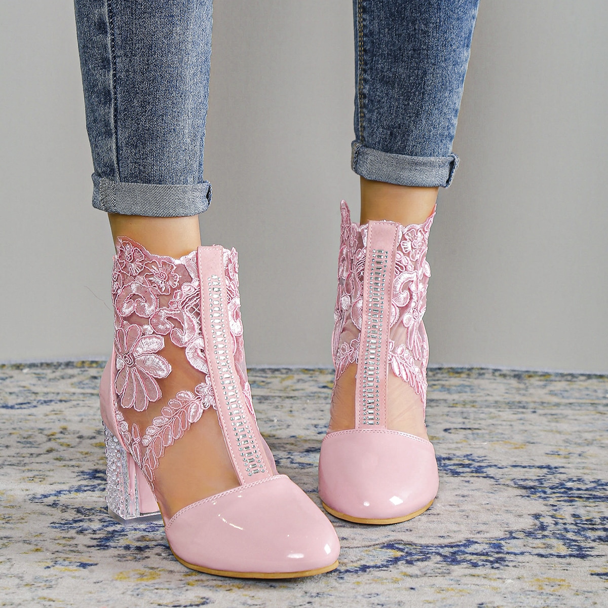 Lace Ankle Boots Pink Back Zipper Clear - Temu Germany