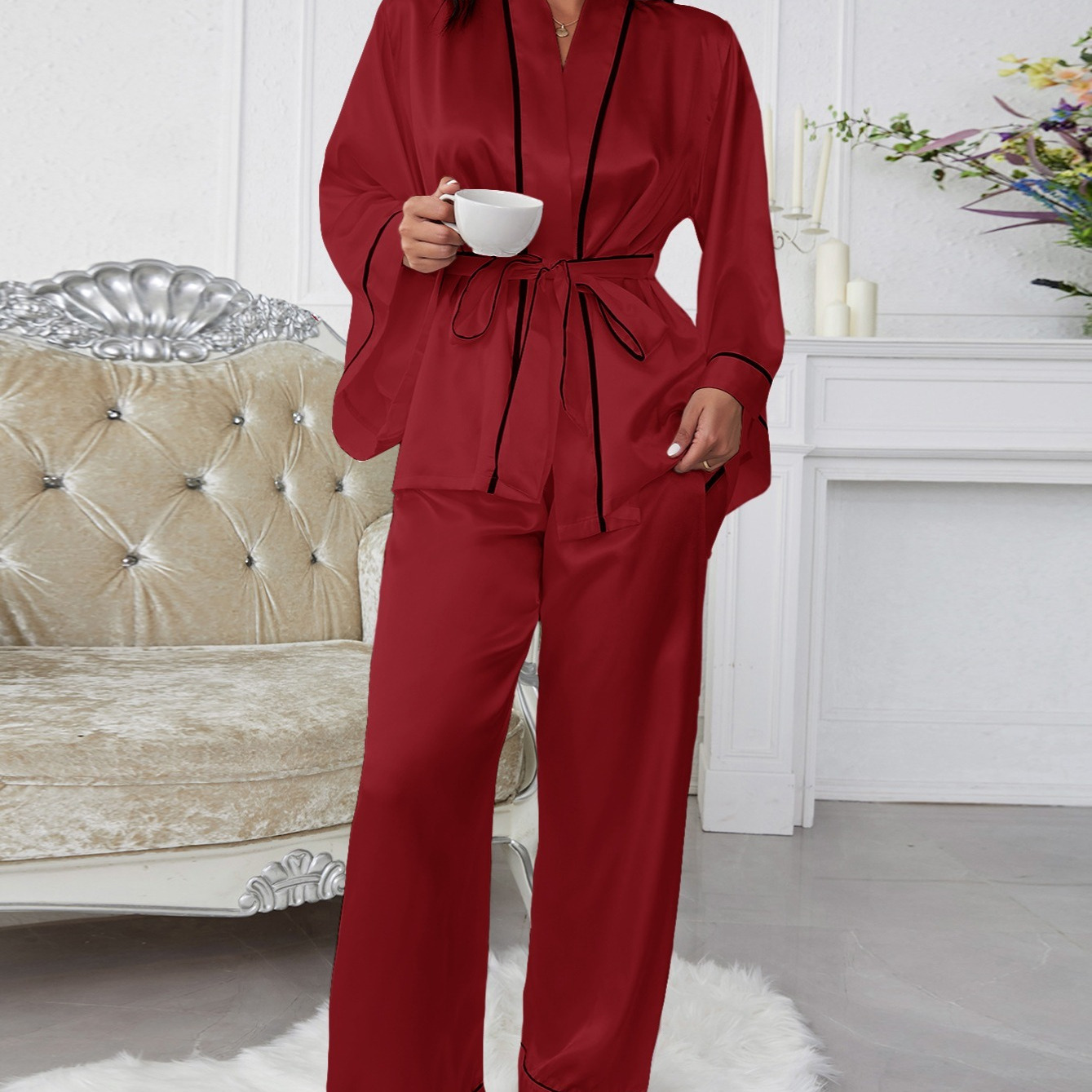 Solid Satin Pajamas Set Short Sleeve Buttons Top Bow Shorts - Temu