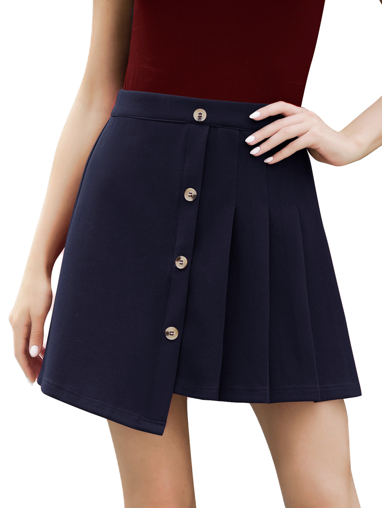 Splice Pleated Solid Skirts Preppy Bodycon High Waist Button - Temu Norway