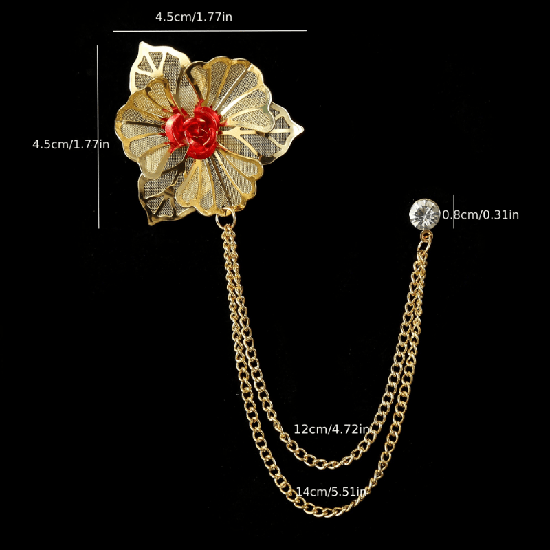 Elegant Flower Lapel Pin Badge With 2 Golden Or Silvery Chains Crystal ...