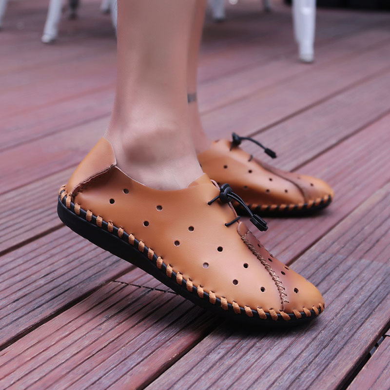 Mens Handmade Stitching Leather Sandals Outdoor Casual Durable Summer
