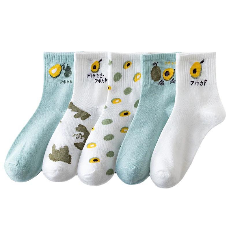 5 Pairs Cute Avocado Pattern Socks Casual Comfy Fashion Mid Tube Socks ...