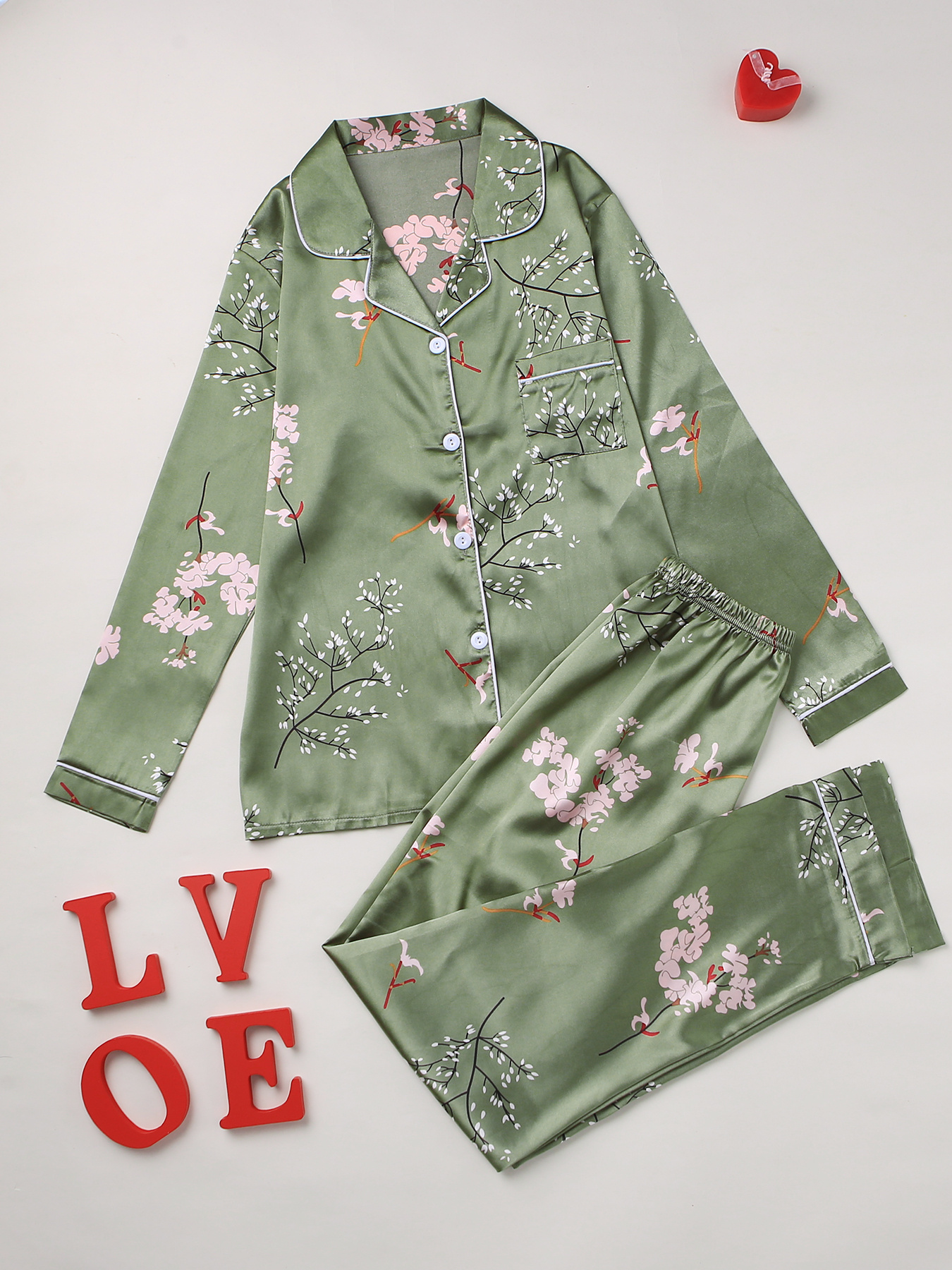 Elegant Floral Print Pajama Set Long Sleeve Blouse Top - Temu