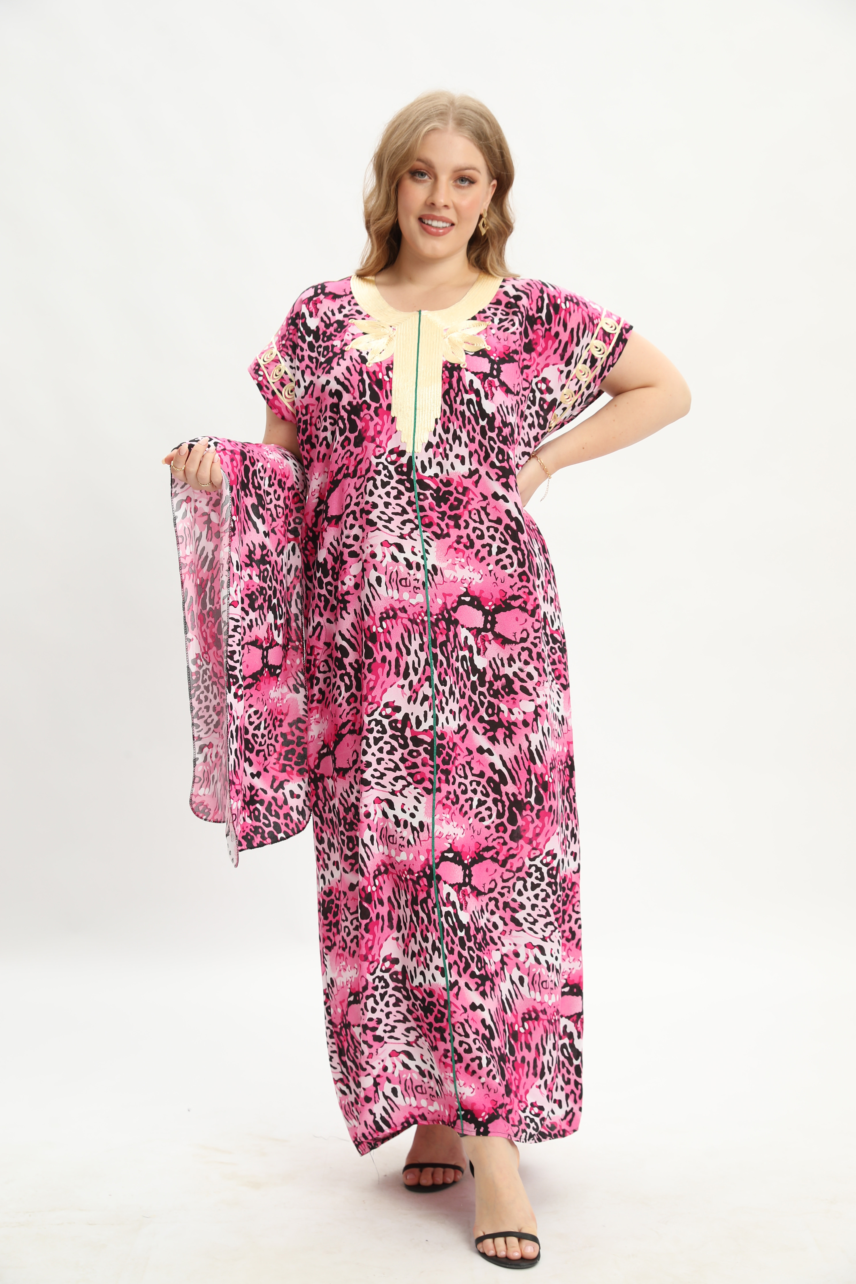 plus size leopard print bat sleeve kaftan dress scarf - {region_name}