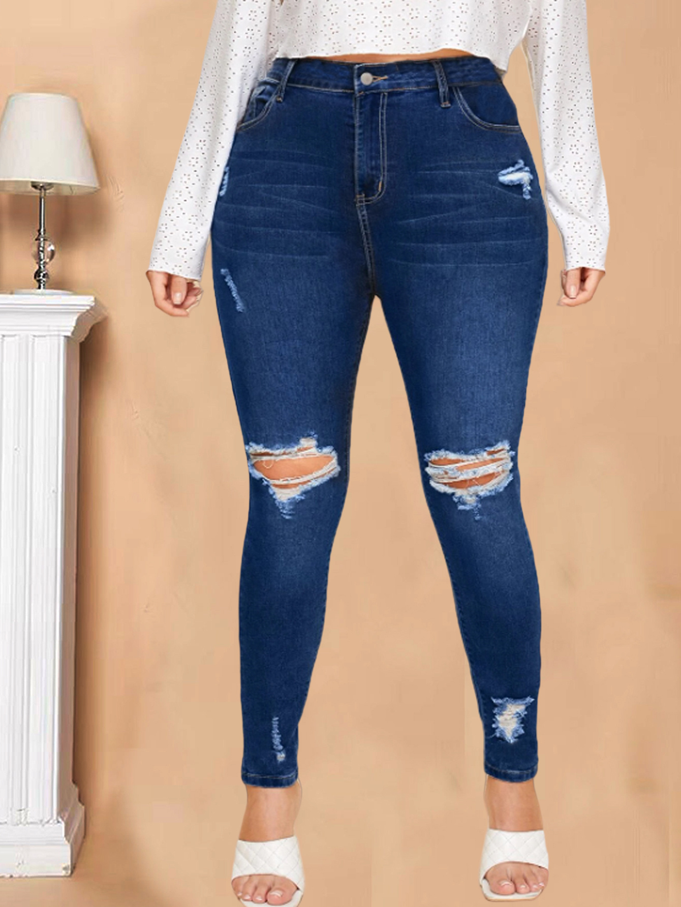 Plus Size Casual Skinny Jeans Women's Plus Ripped Button Fly - Temu