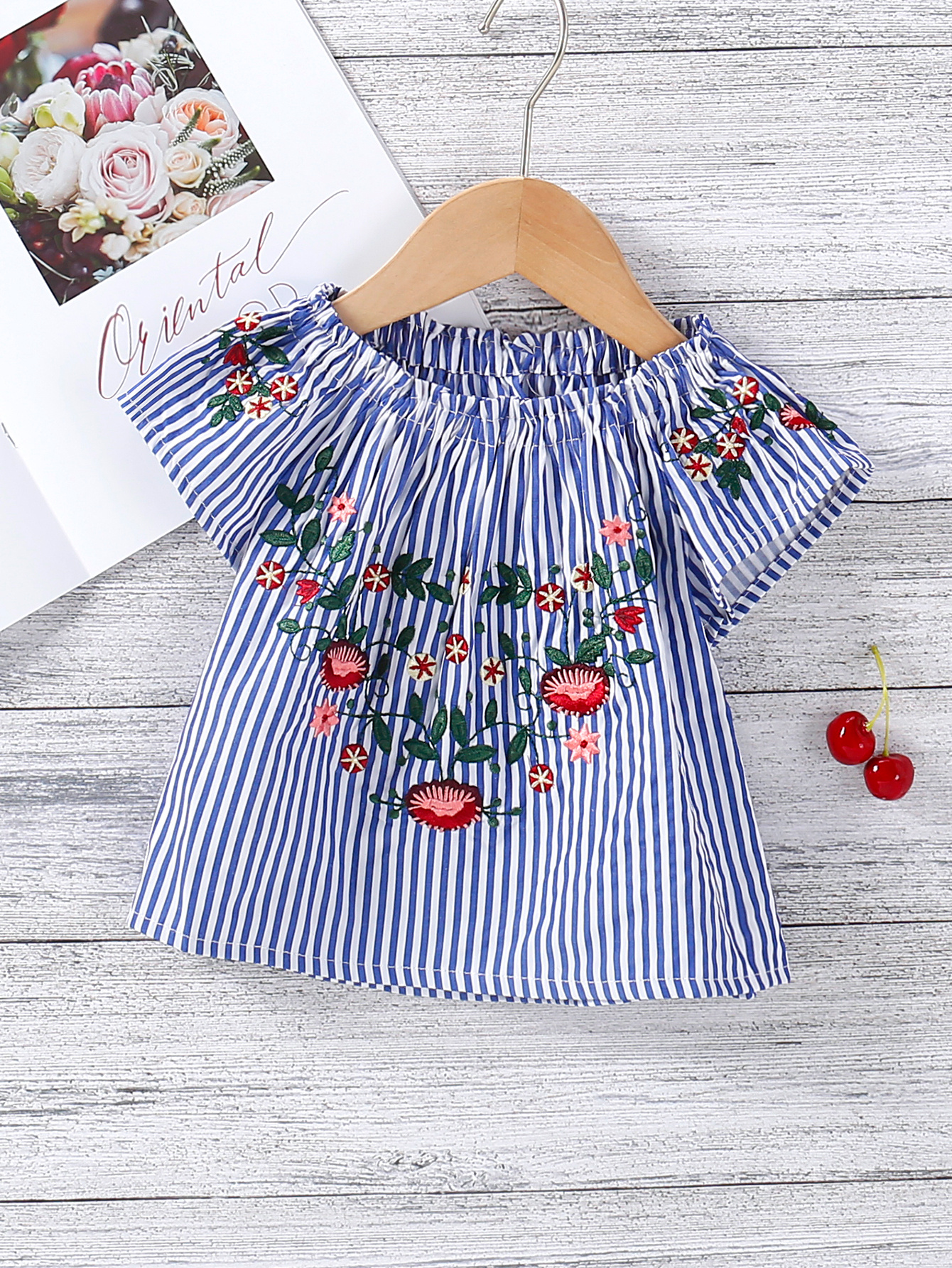 Girls Round Neck Short Sleeve Flowers Embroidery Vertical - Temu Norway