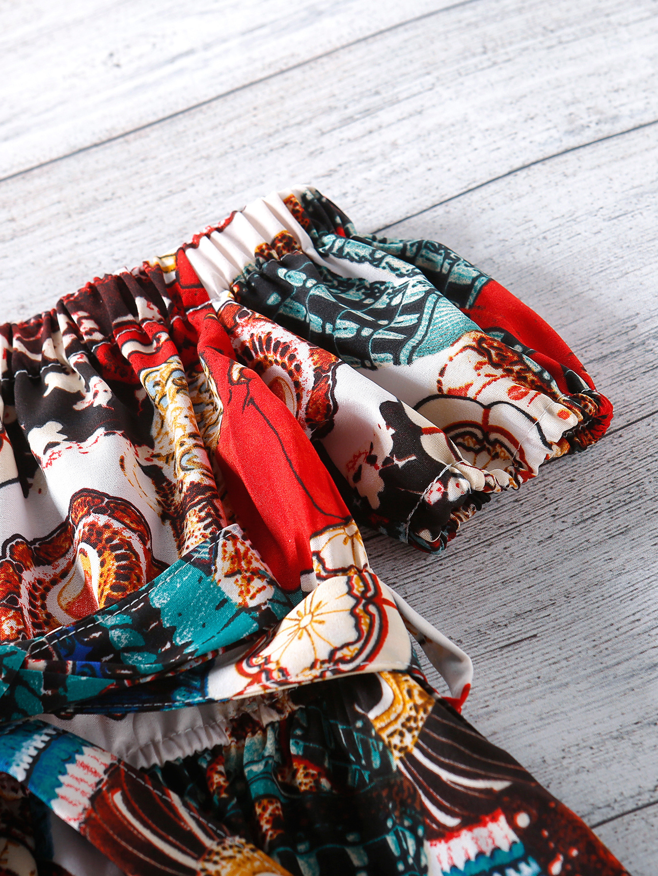 Girls Shoulder Puff Sleeve Romper Ethnic Graphic Belted - Temu New Zealand