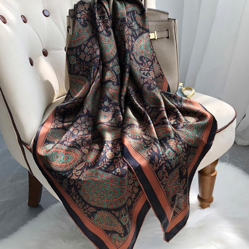 Brown Paisley Print Square Scarf 43 3' Black Vintage Shawl Outdoor ...