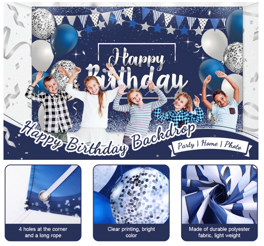 Birthday Backdrop Banner Silvery Navy Blue Happy Birthday - Temu