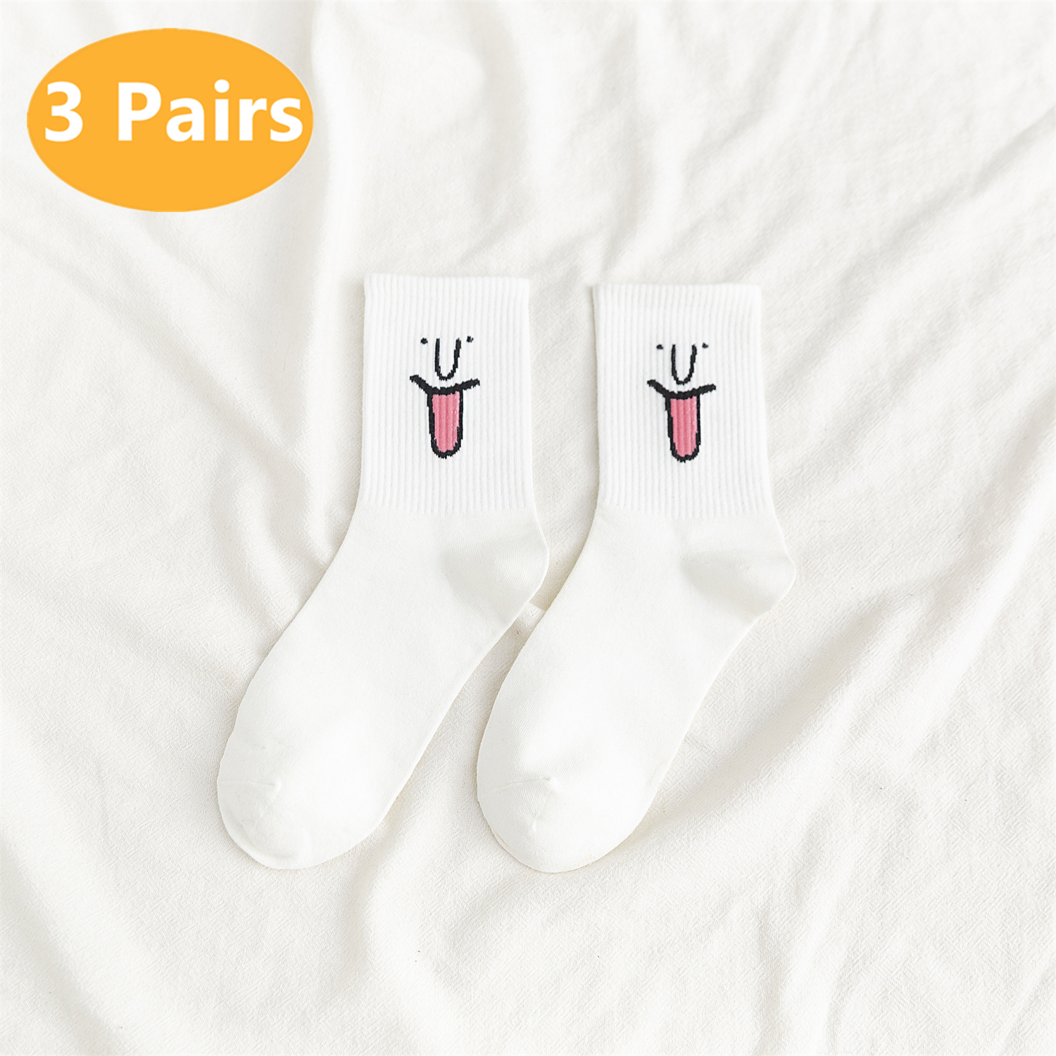 3 Pairs Funny Expression Pattern Socks Comfortable Breathable Mid Tube ...