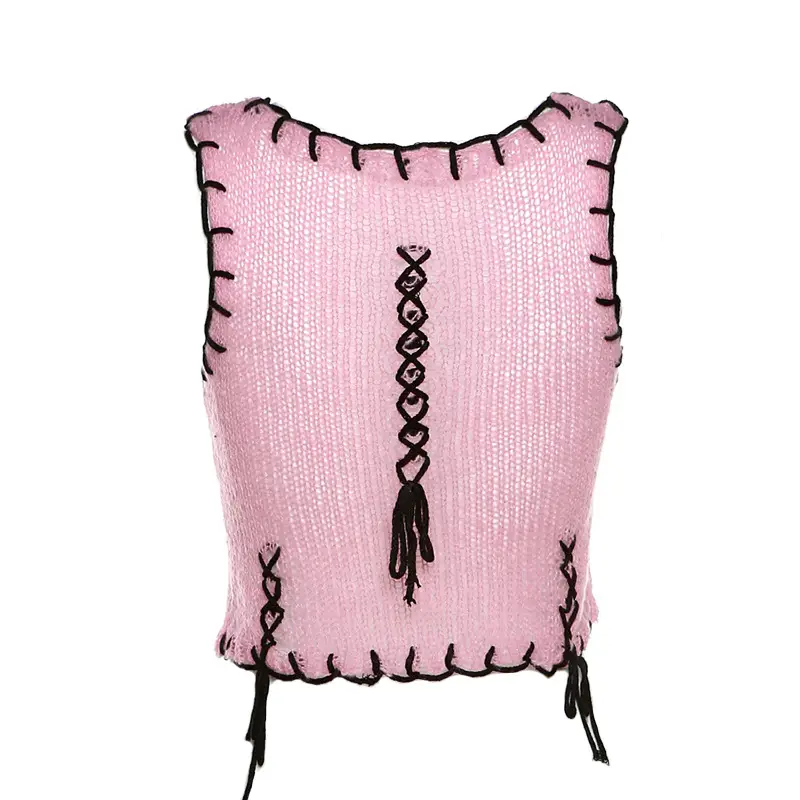 Y2k Kpop Drawstring Knitted Top Sexy Sleeveless Crew Neck Temu