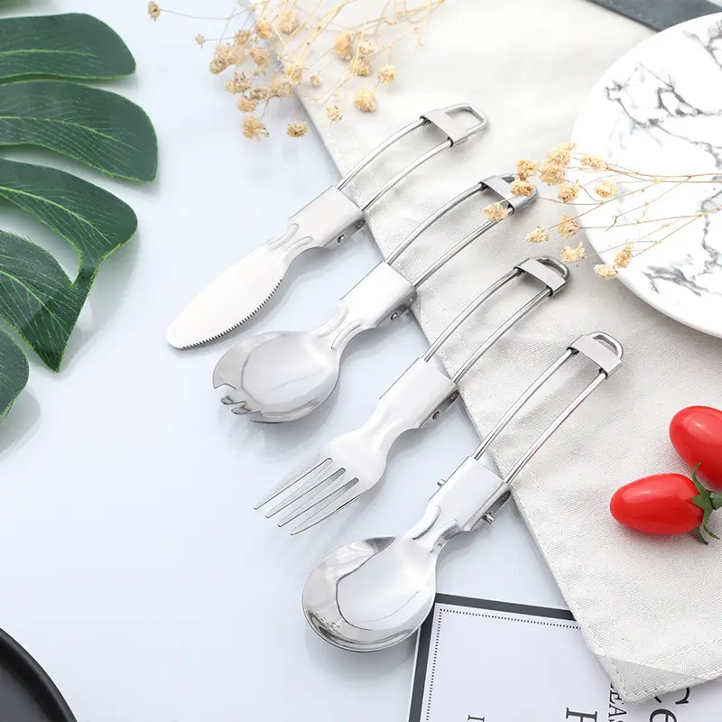 Portable 304 Stainless Steel Folding Tableware Set For Outdoor Camping ... Portable 304 Stainless Steel Folding Tableware Set For Outdoor Camping ...